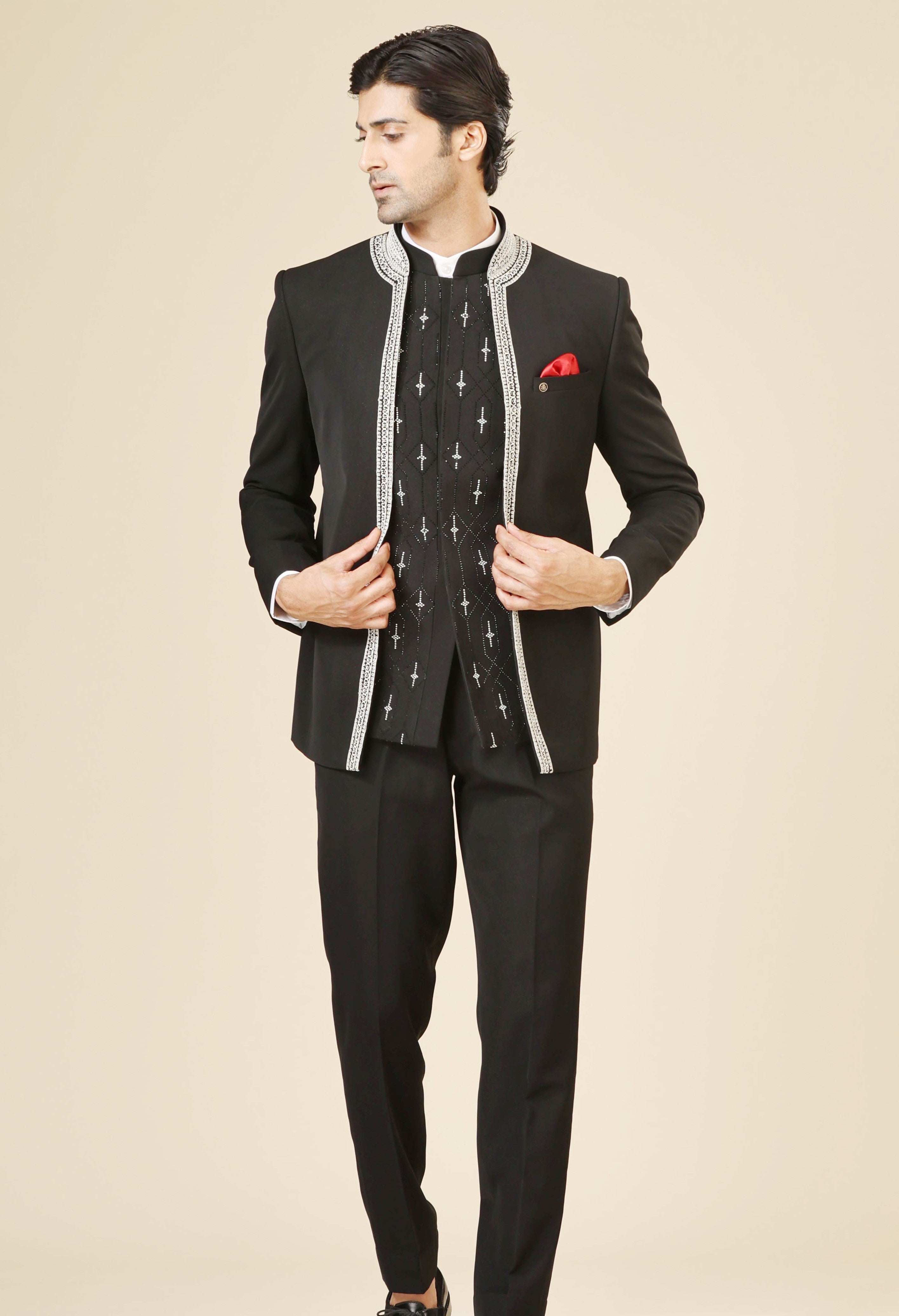 Black Embroidered Designer Bandhgala – Bonsoir