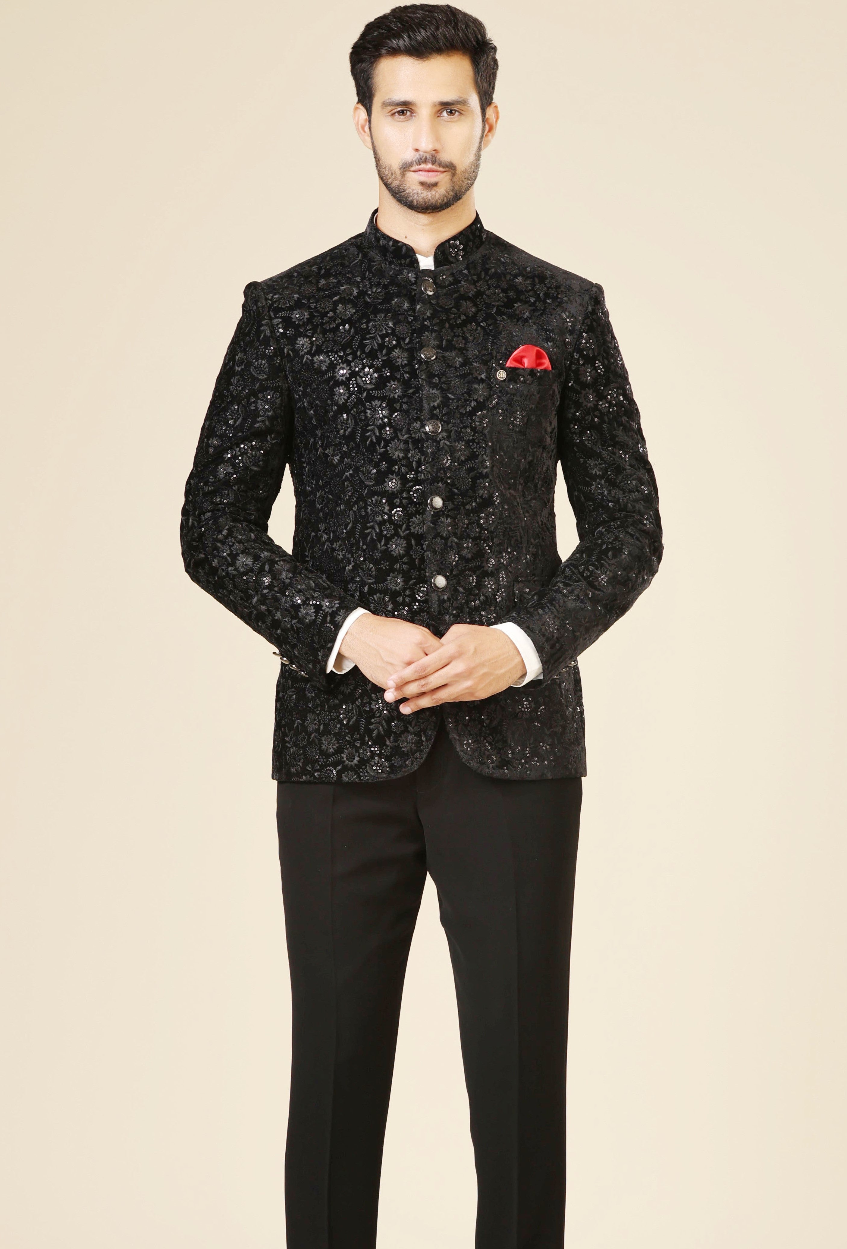 Black Velvet Embroidered Bandhgala – Bonsoir