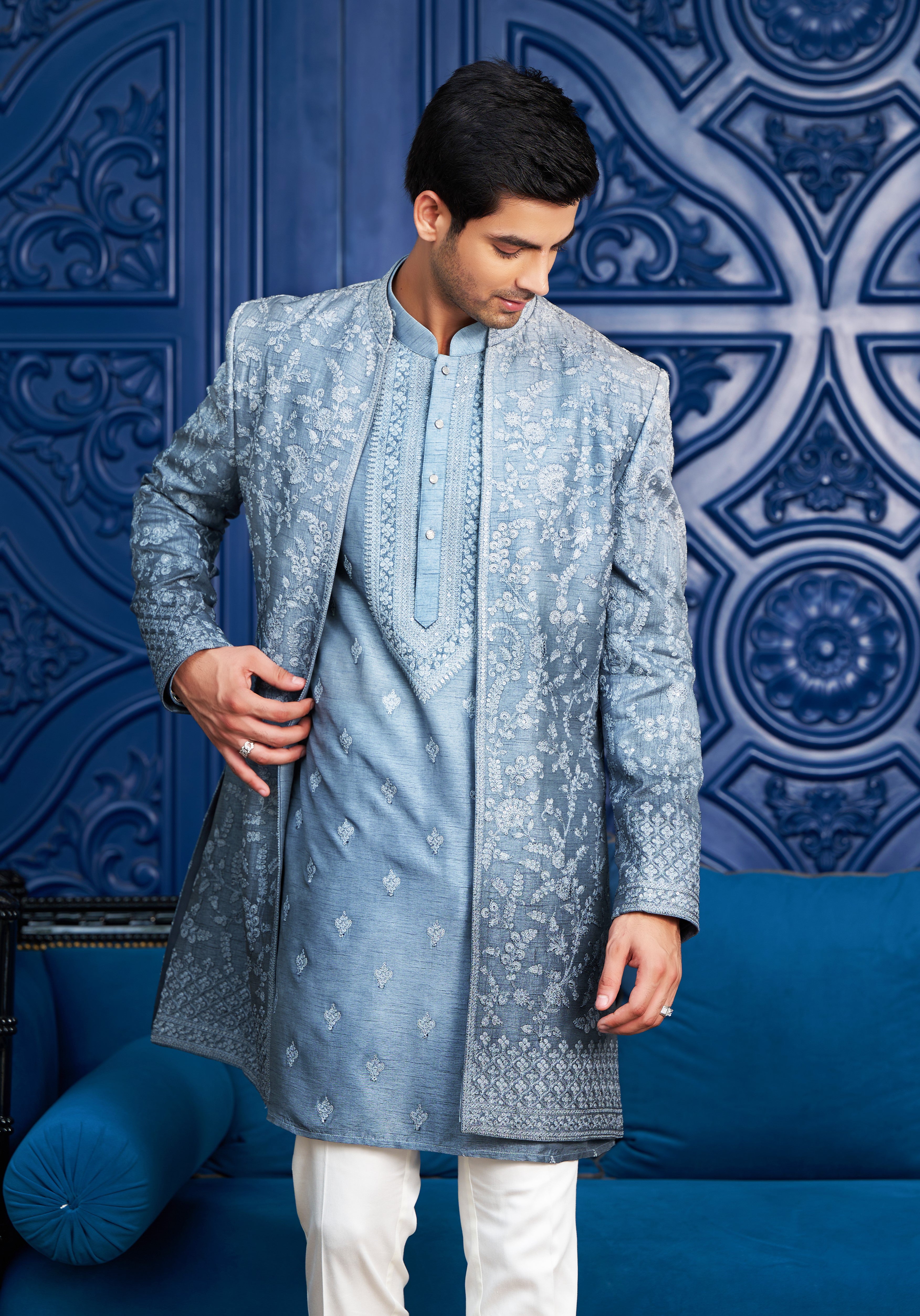 Open Blue Indo-Western with Dori Work – Bonsoir | Blended Silk