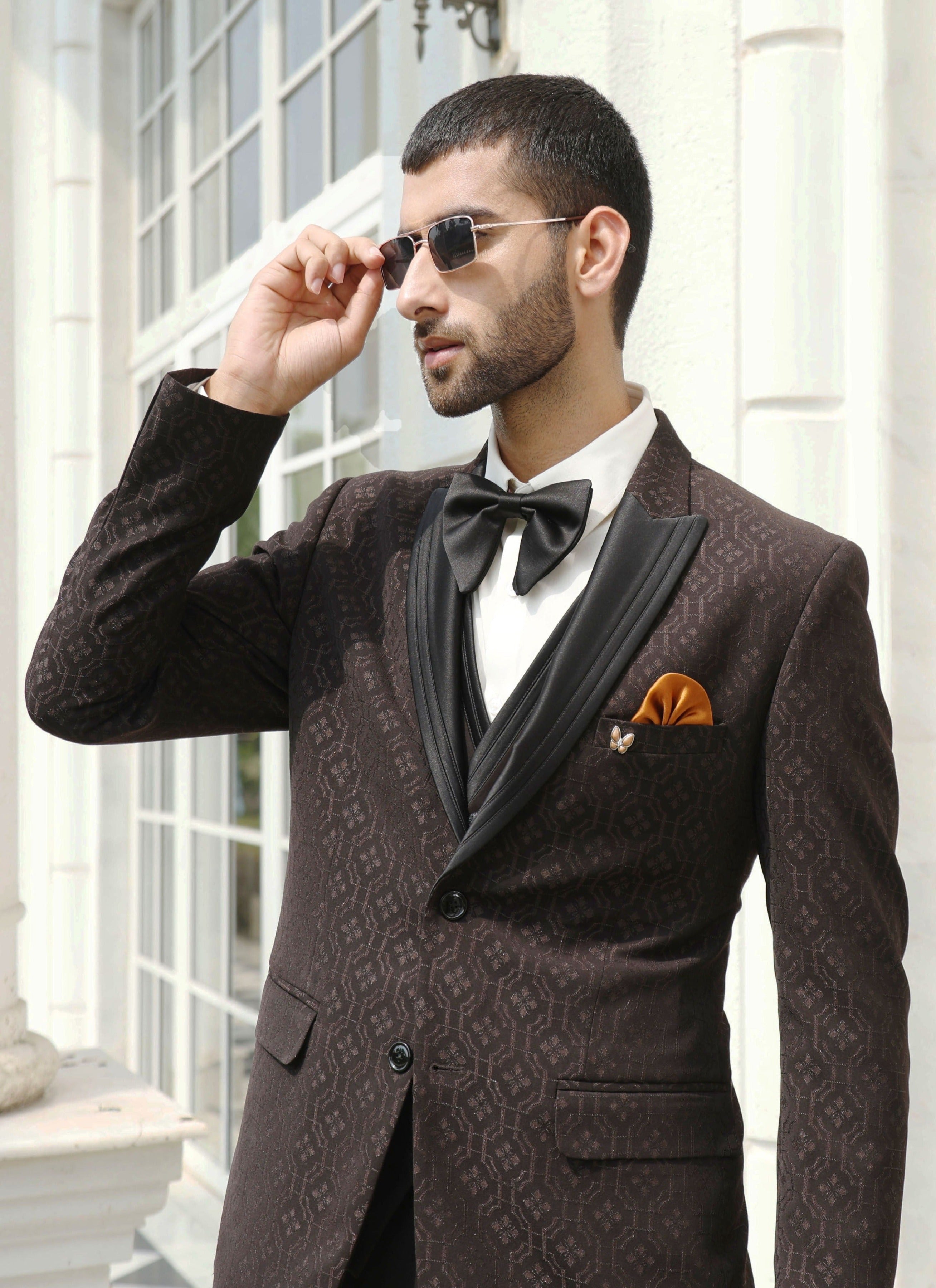 Brown Textured Designer Suit – Bonsoir | Elegant Wedding Attire