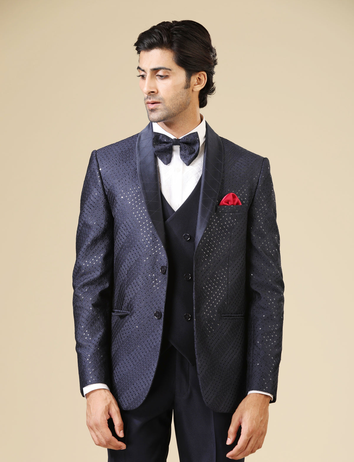 Navy Full Embroidered Men's Double-Breasted Wedding Suit – Bonsoir