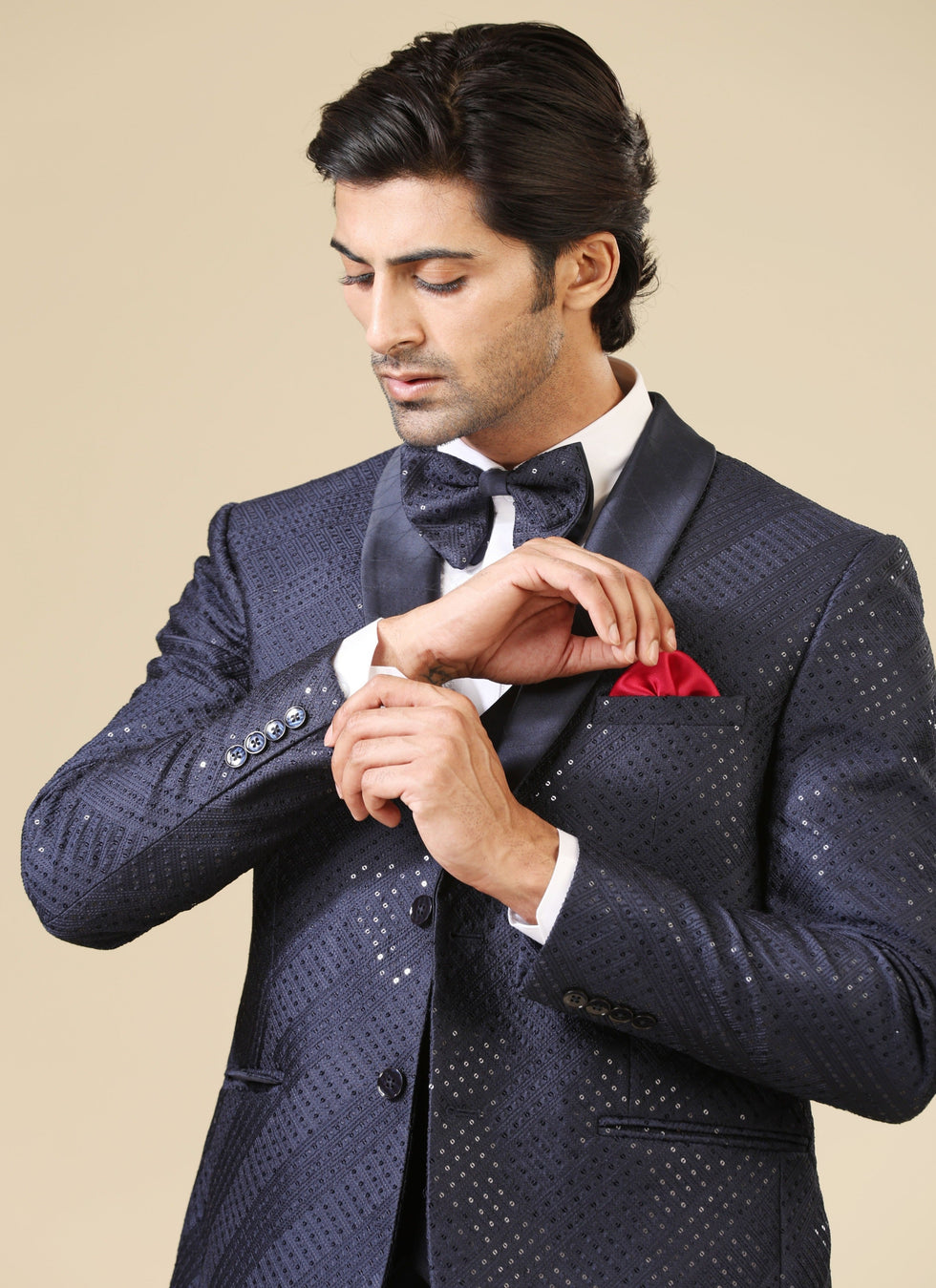 Navy Full Embroidered Men's Double-Breasted Wedding Suit – Bonsoir