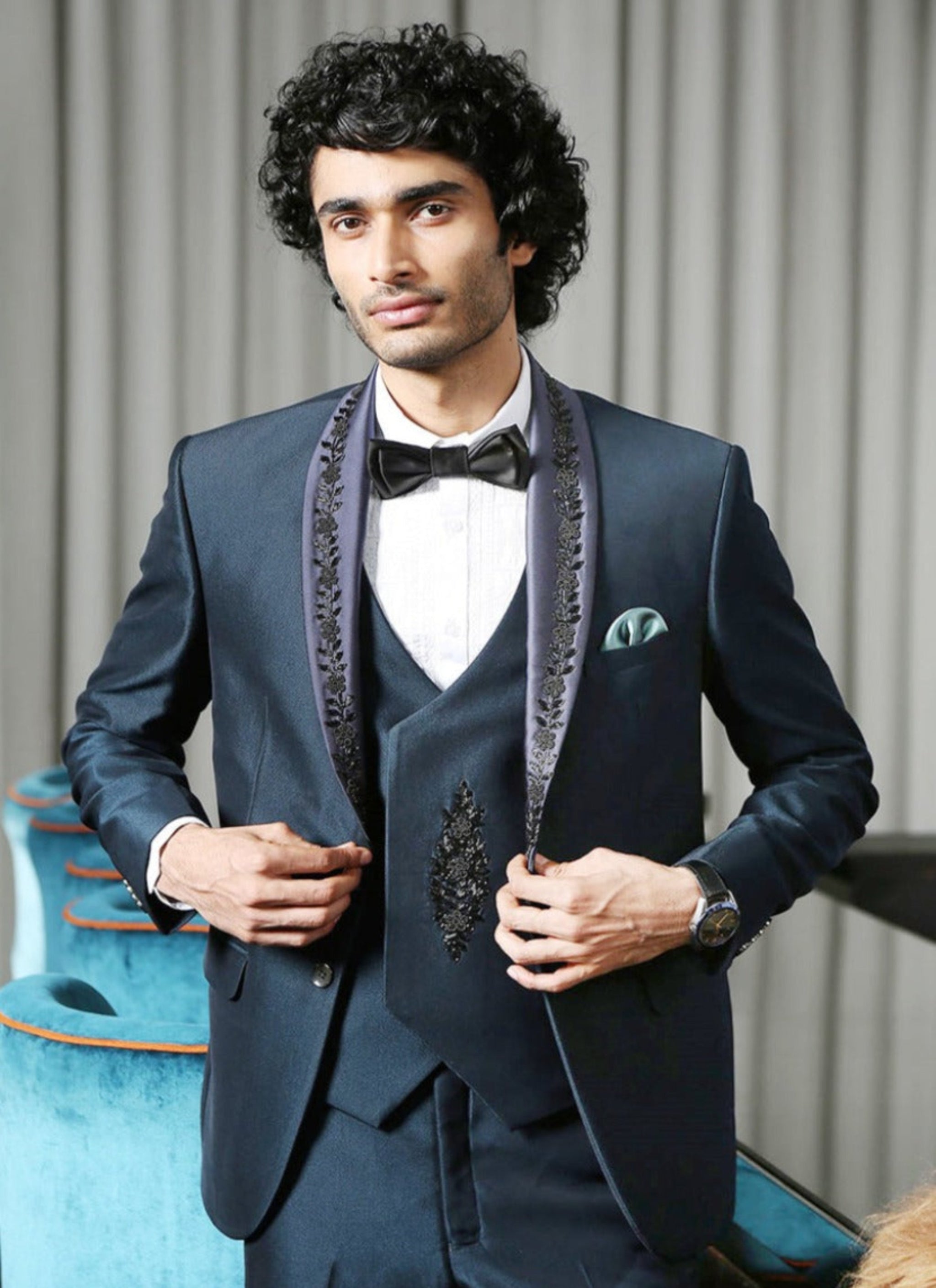 Teal designer suit with embroidered Blue satin shawl collar – Bonsoir