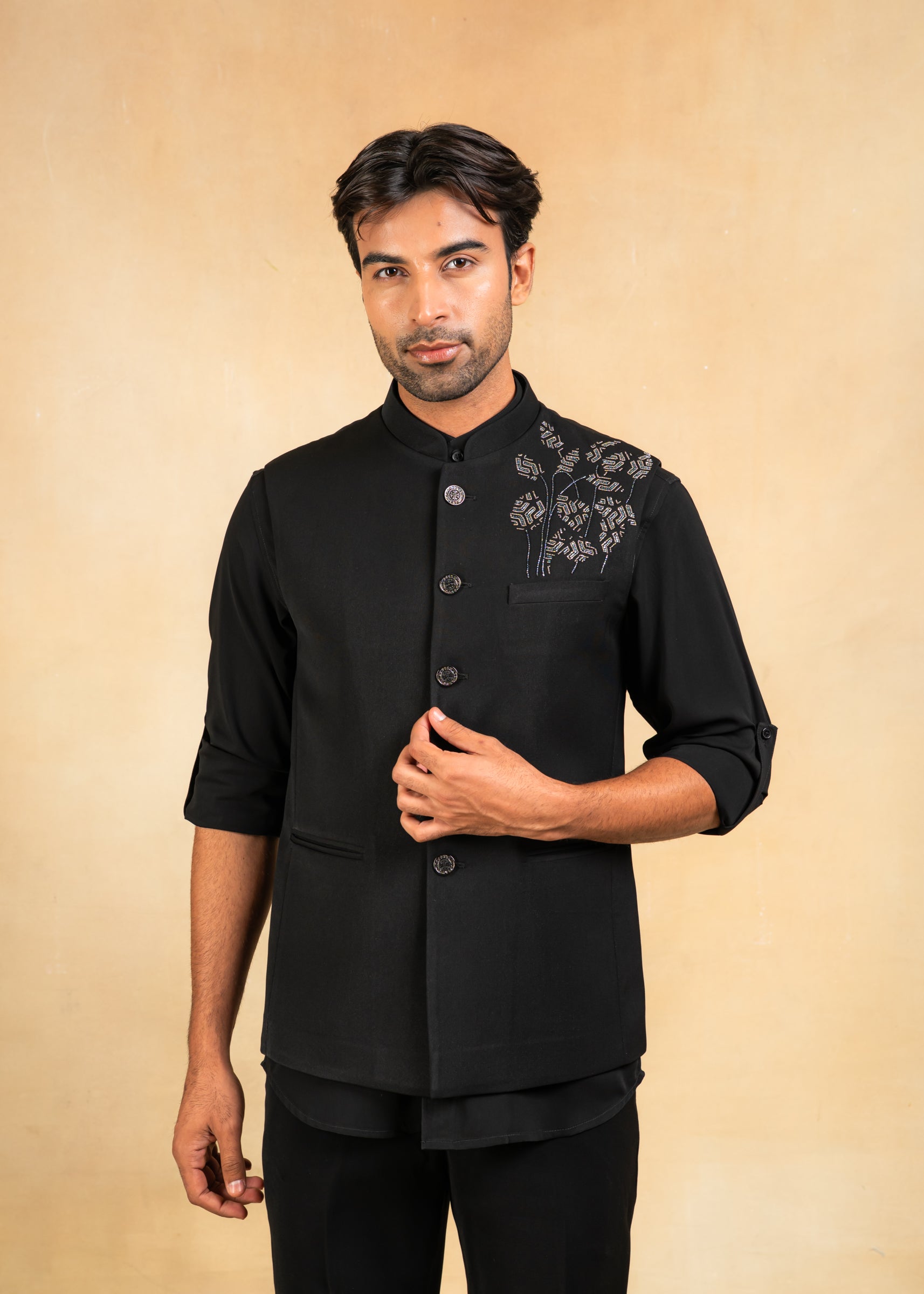 black nehru jacket with hand embroidery – Bonsoir