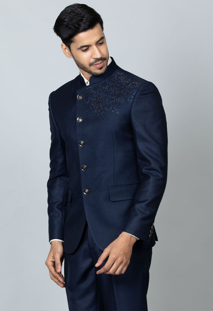 Designer Navy Blue Bandhgala Suit with Crystal Work – Bonsoir