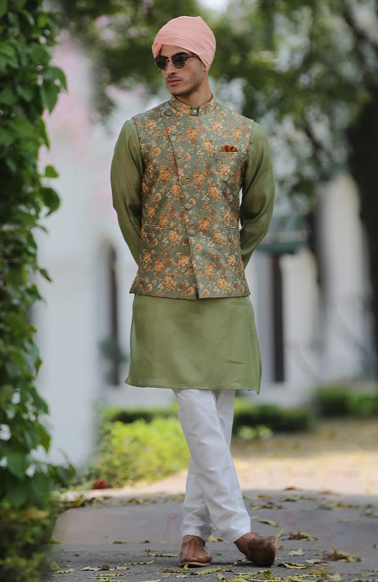 Embroidered Kurta Jacket Set Green – Bonsoir